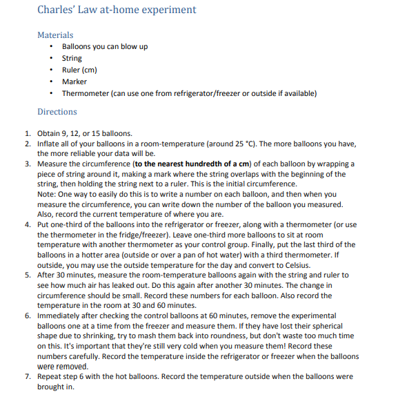 Charles' Law at-home experiment Materials • Balloons | Chegg.com