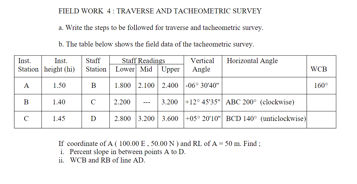 Solved FIELD WORK 4: TRAVERSE AND TACHEOMETRIC SURVEY a. | Chegg.com