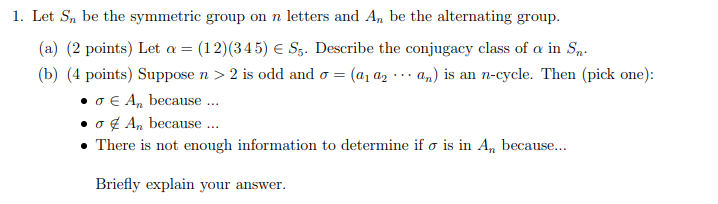 Solved 1. Let Sn be the symmetric group on n letters and An | Chegg.com