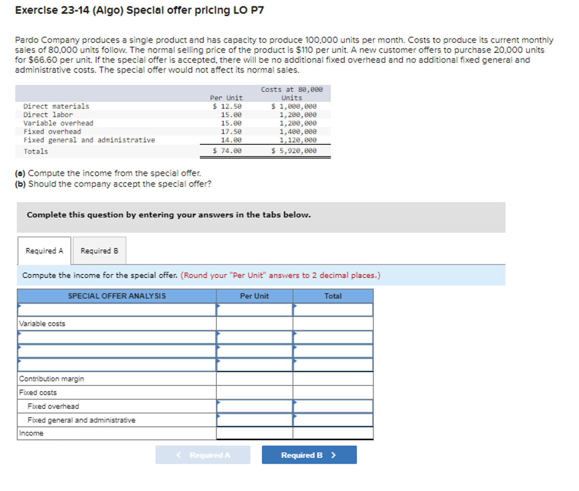 Solved Exercise 23-14 (Algo) ﻿Speclal offer pricing LO | Chegg.com