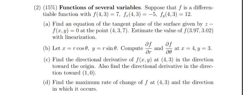 Solved (2) (15%) Functions of several variables. Suppose | Chegg.com