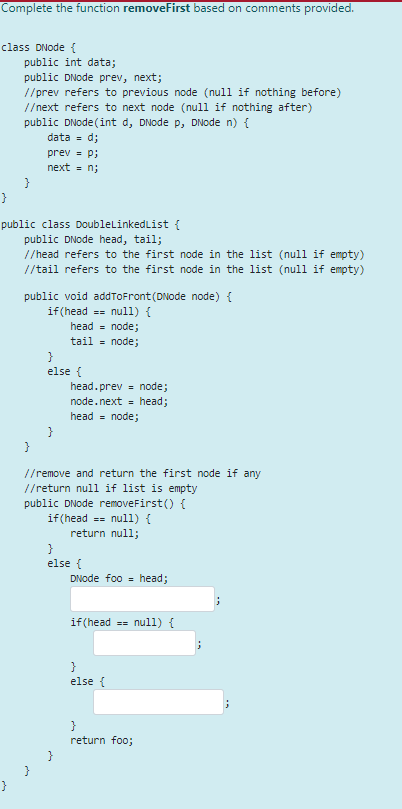 Solved Complete the function removeFirst based on comments | Chegg.com