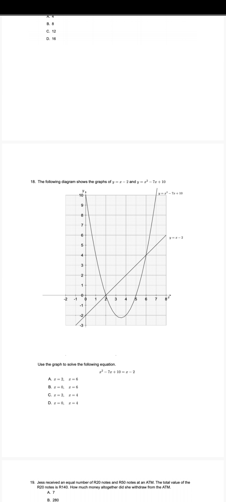 Solved 18. The following diagram shows the graphs of y=x−2 | Chegg.com