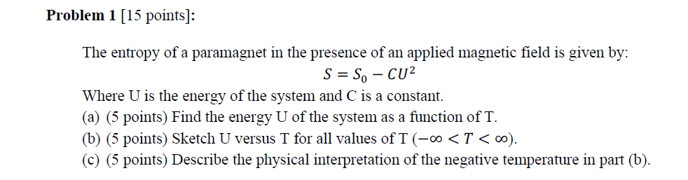 Solved Problem 1 [15 points]: The entropy of a paramagnet in | Chegg.com