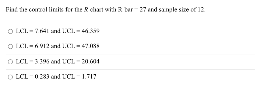 Solved Find the control limits for the R-chart with R-bar | Chegg.com