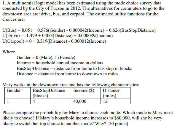 Solved 1. A multinomial logit model has been estimated using | Chegg.com