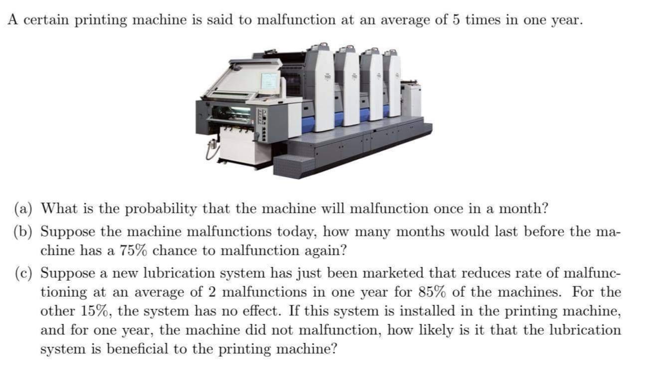 Solved A certain printing machine is said to malfunction at | Chegg.com