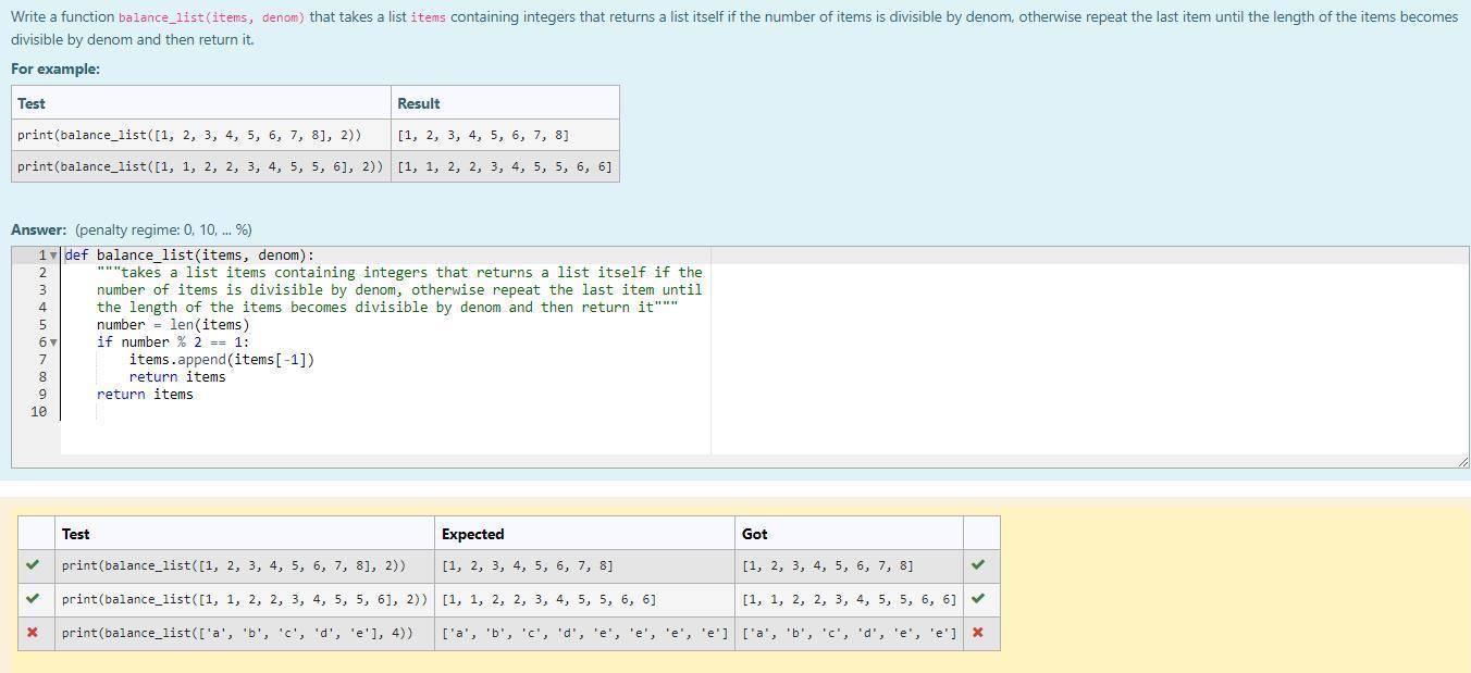 Solved Write a function balance_list(items, denom) that | Chegg.com