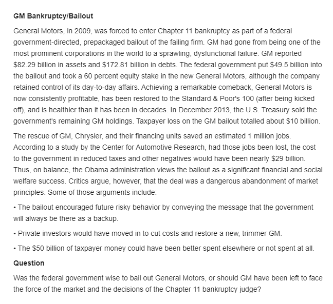 Solved GM Bankruptcy/Bailout General Motors, in 2009, was | Chegg.com