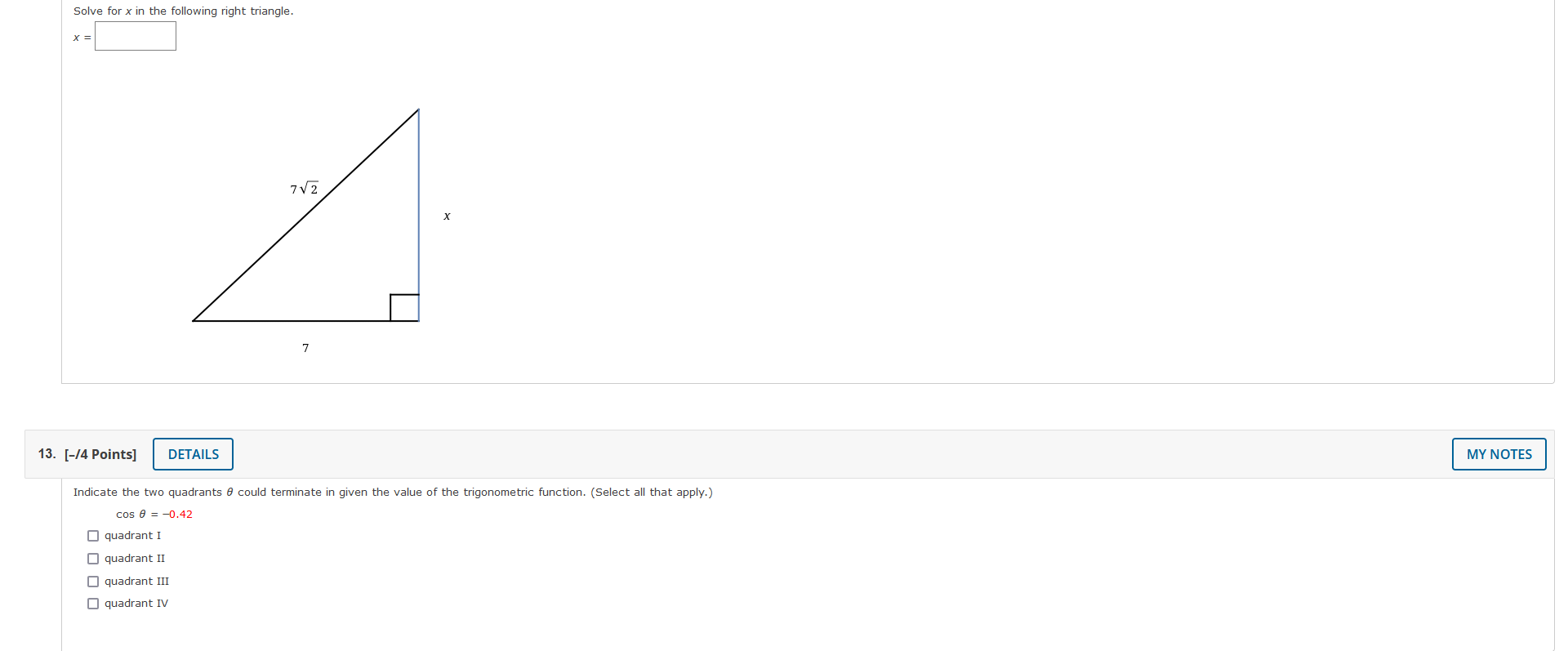 Solved Solve for x in the following right triangle. x= [-/4 | Chegg.com