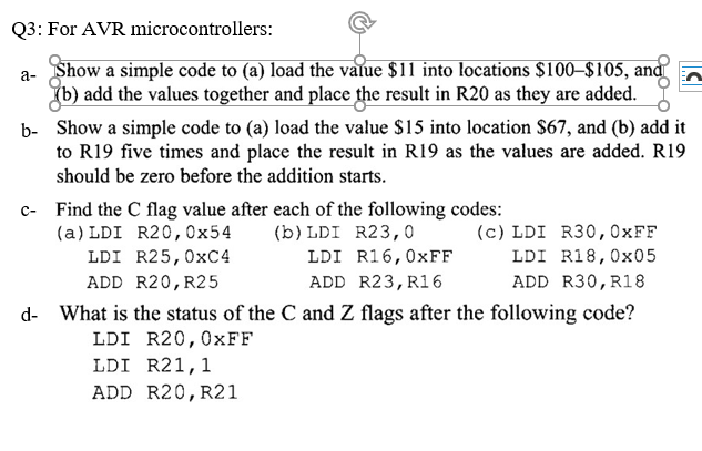 a- Q3: For AVR microcontrollers: Show a simple code | Chegg.com