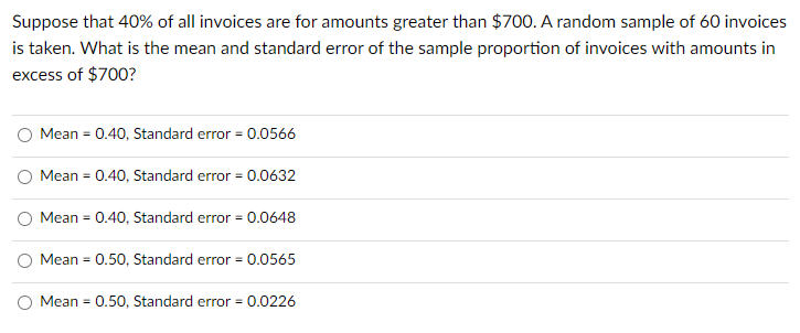 Solved Suppose that 40% of all invoices are for amounts | Chegg.com