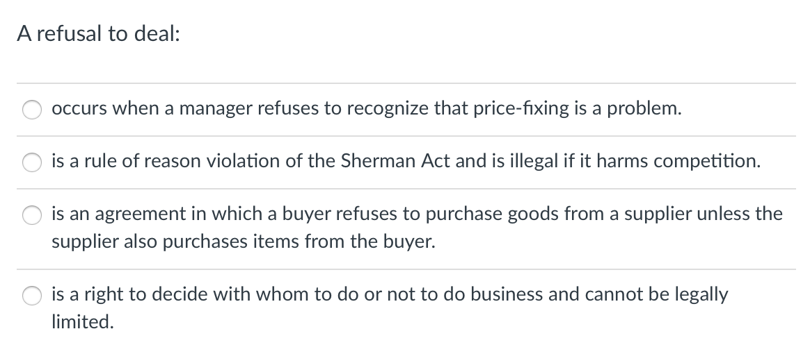 Solved A refusal to deal: occurs when a manager refuses to | Chegg.com