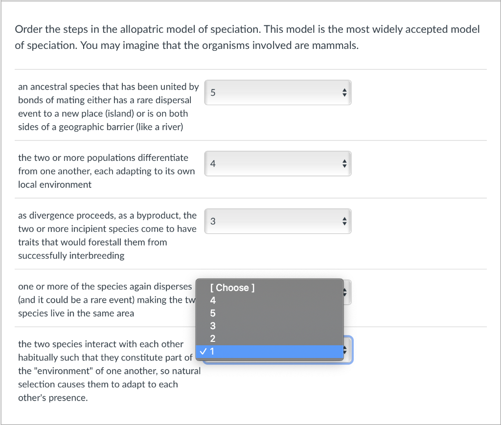 Solved Order the steps in the allopatric model of | Chegg.com