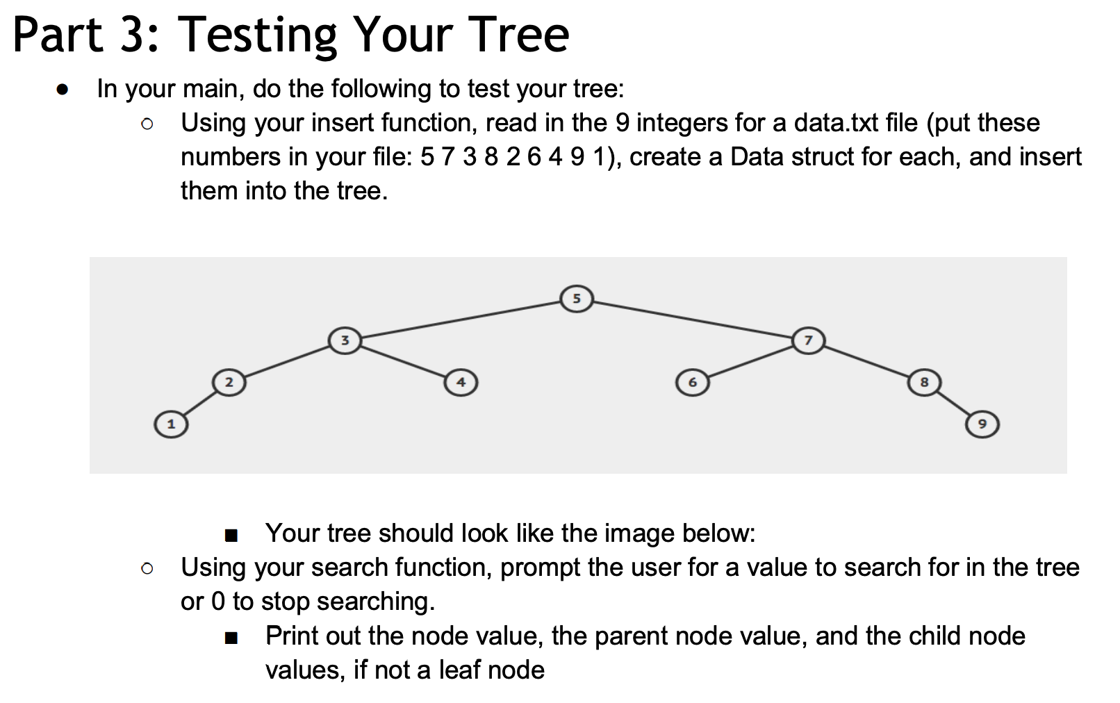 Solved Part 3: Testing Your Tree O In your main, do the | Chegg.com