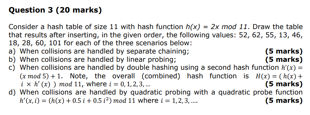 Solved Question 3 (20 marks) Consider a hash table of size | Chegg.com