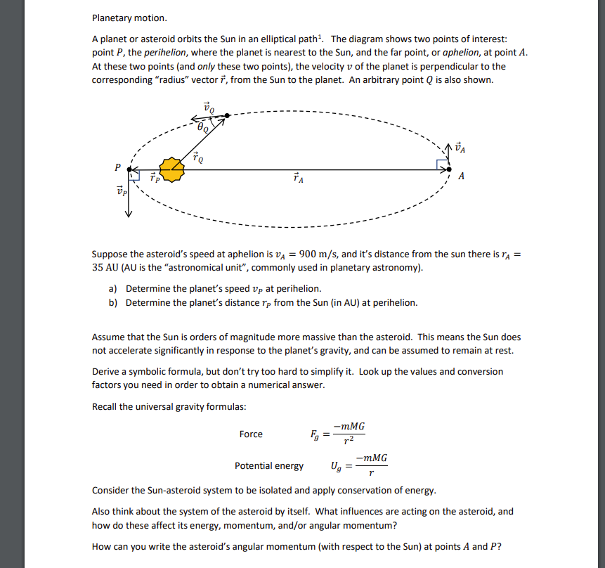 Solved Planetary motion. A planet or asteroid orbits the Sun | Chegg.com