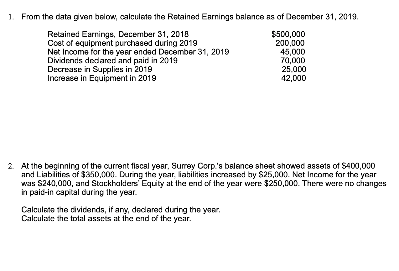 Solved 1. From the data given below, calculate the Retained | Chegg.com