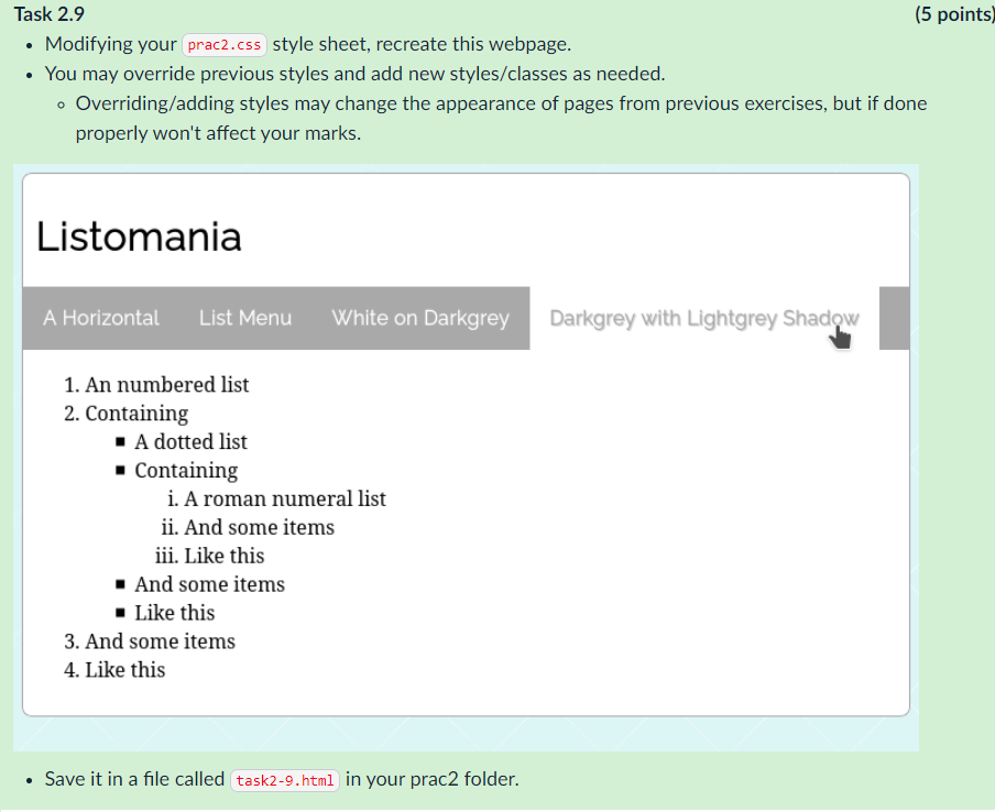 Solved Task 2.9 (5 points) • Modifying your prac2.css style | Chegg.com