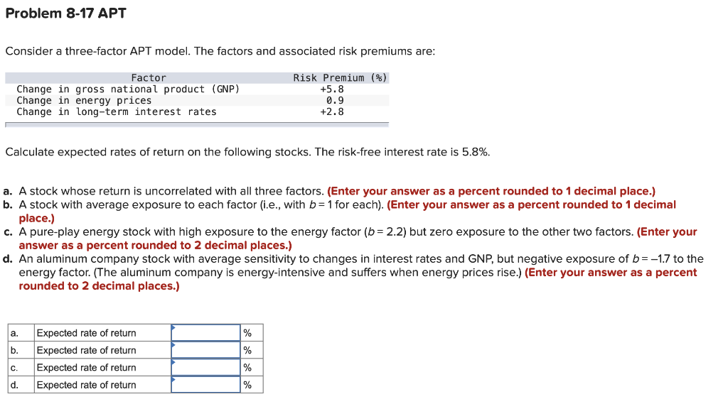 Solved Problem 8-17 APT Consider a three-factor APT model. | Chegg.com