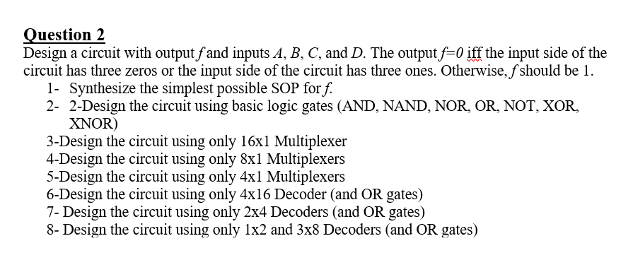 Solved Question 2 Design a circuit with output f and inputs | Chegg.com