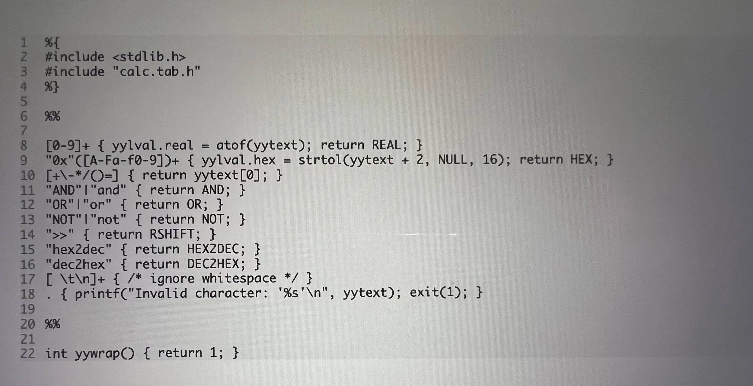 Solved %{ \#include \#include "calc.tab.h" %3 %% [0−9]+{ | Chegg.com