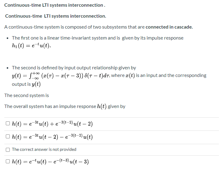 Solved Continuous-time LTI systems interconnection. | Chegg.com