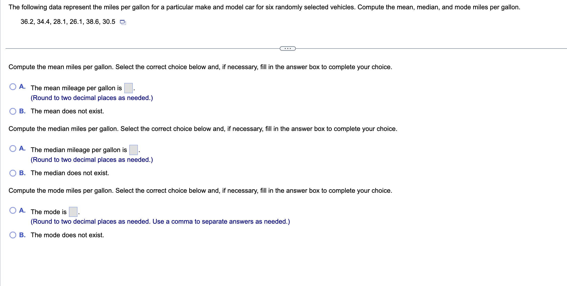 Solved The following data represent the miles per gallon for | Chegg.com