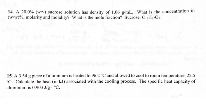 Solved 14. A 20.0%(w/v) sucrose solution has density of 1.06 | Chegg.com