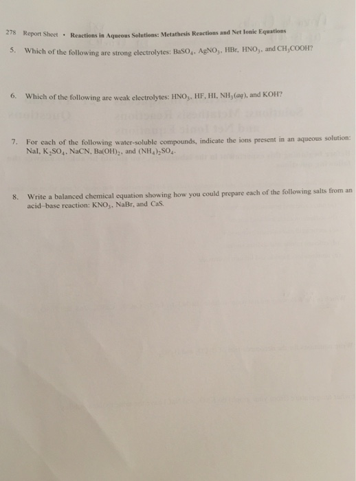 Solved 278 Report Sheet Reacti ons in Aqueous Solutions: | Chegg.com