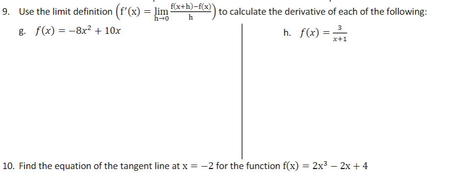 Solved Use the limit definition (f′(x)=limh→0hf(x+h)−f(x)) | Chegg.com