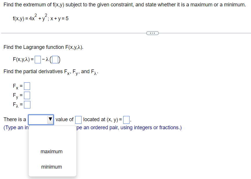 Solved f(x,y)=4x2+y2;x+y=5Find the Lagrange function | Chegg.com