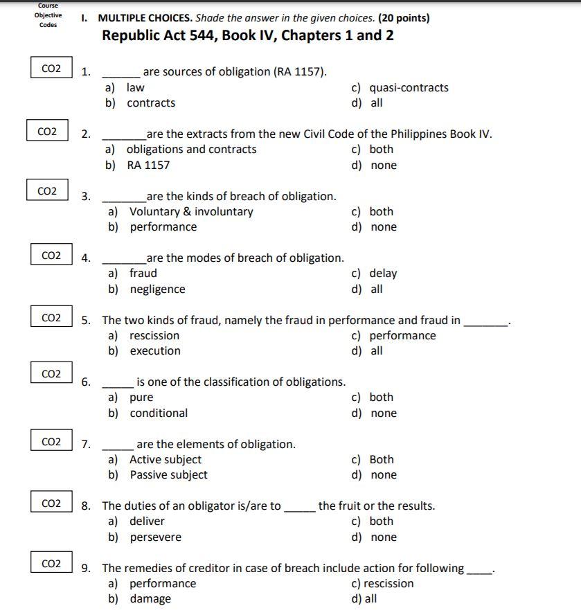 Solved Course Objective Codes 1. MULTIPLE CHOICES. Shade the | Chegg.com