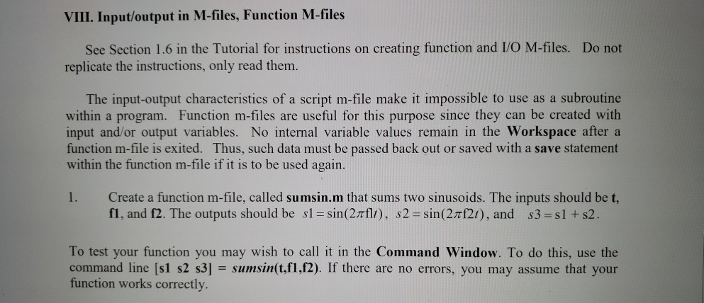 Solved VIII. Input/output in M-files, Function M-files See | Chegg.com