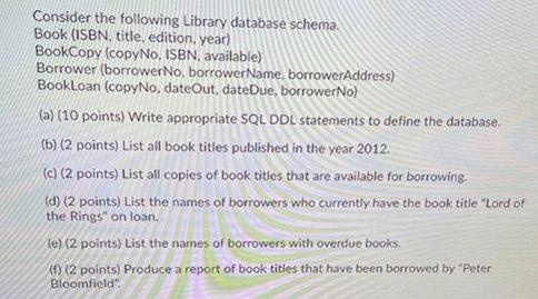 Solved Consider the following Library database schema Book | Chegg.com