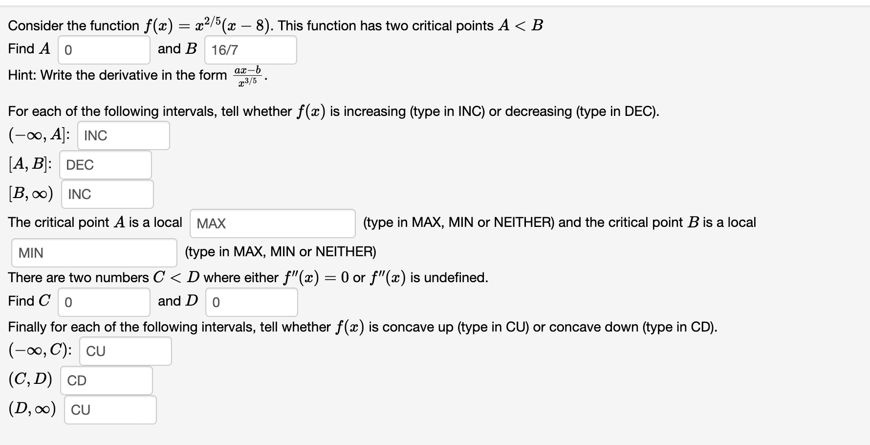 Solved = Consider the function f(x) = x2/5(x – 8). This | Chegg.com