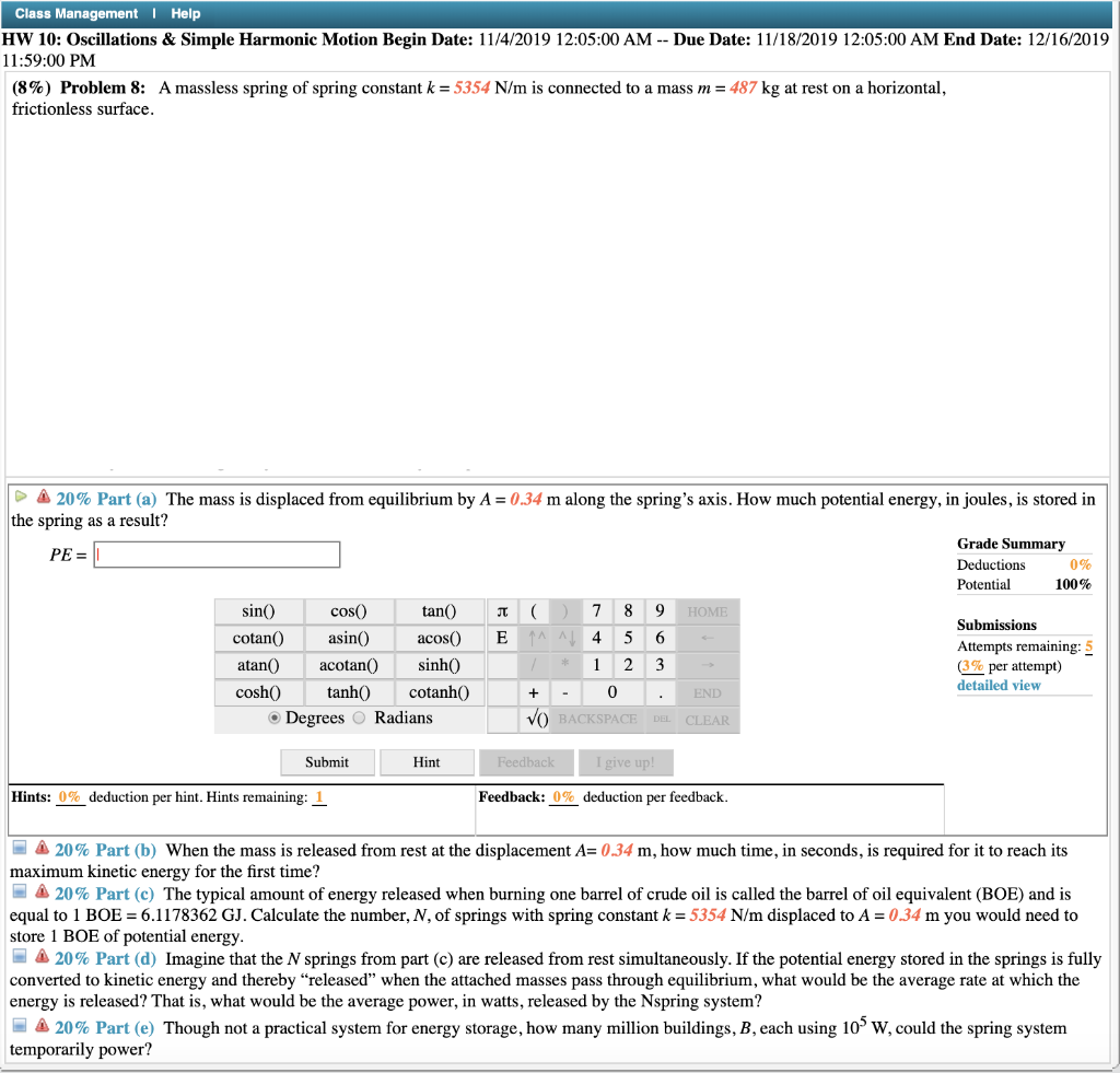 Solved Class Management | Help HW 10: Oscillations & Simple | Chegg.com