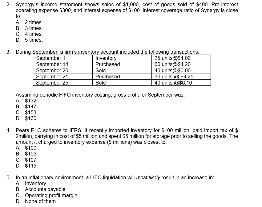 Solved 2. Synergy's income statement shows sales of $1,000, | Chegg.com