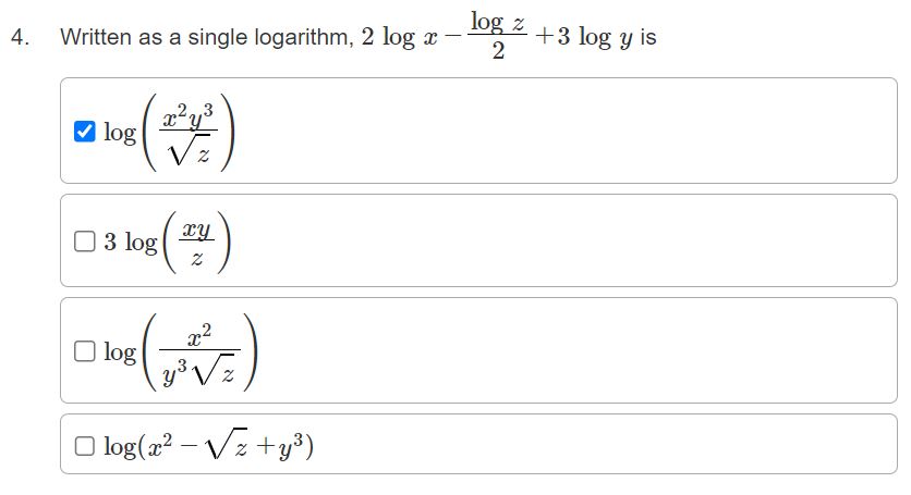 Solved Written as a single logarithm, 2logx-logz2+3logy | Chegg.com