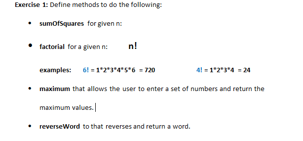 Solved Exercise 1: Define methods to do the following: • | Chegg.com