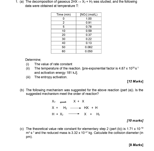 (a) The decomposition of gaseous 2HX→X2+H2 was | Chegg.com