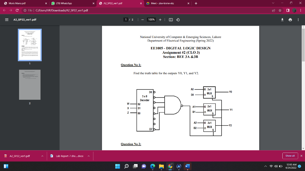 Solved > Moris Mano.pdf X 9 (79) WhatsApp A2 SP22_ver1.pdf X | Chegg.com