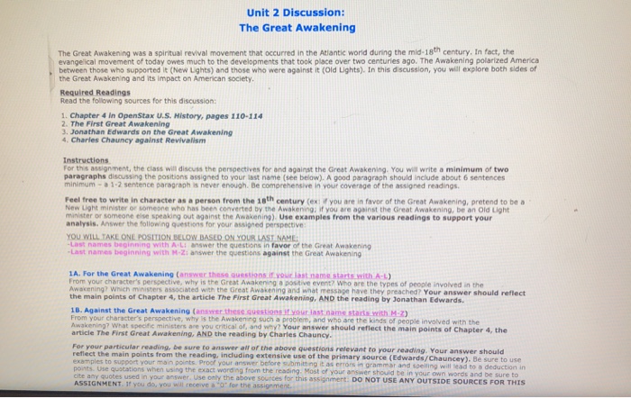 Unit 2 Discussion: The Great Awakening The Great | Chegg.com