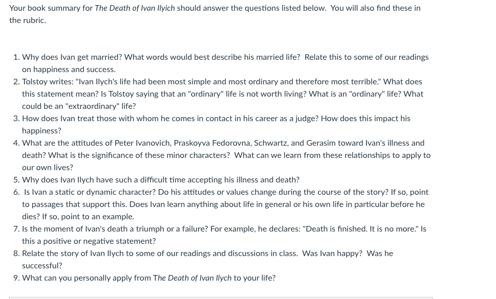 Solved Your book summary for The Death of Ivan Ilyich should | Chegg.com