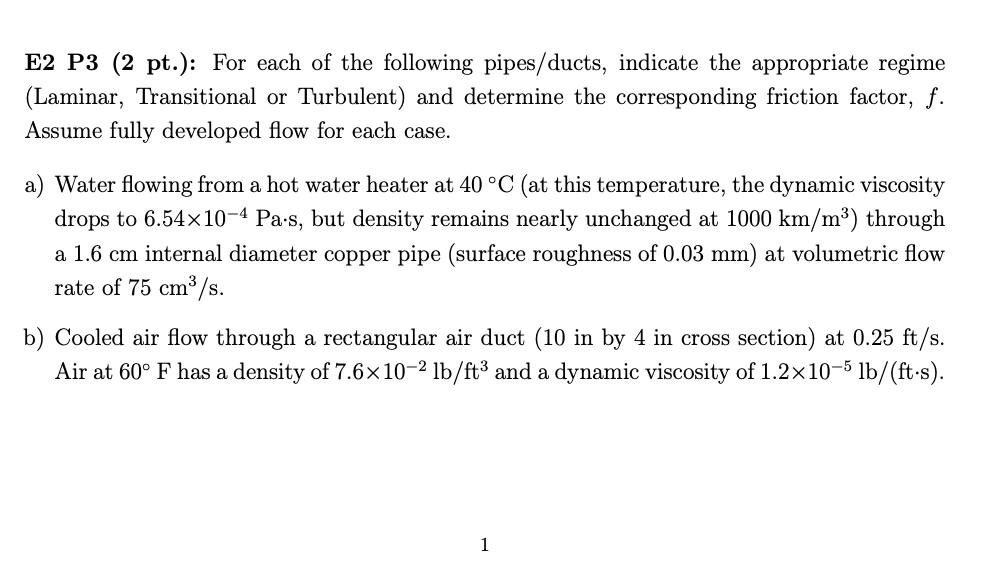Solved E2 P3 (2 pt.): For each of the following pipes/ducts, | Chegg.com
