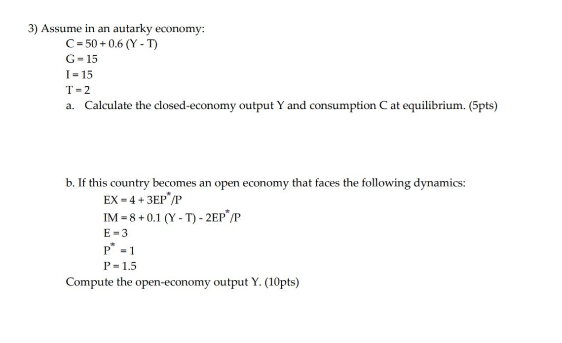Solved 3) Assume in an autarky economy: C = 50+ 0.6 (Y-T) G= | Chegg.com