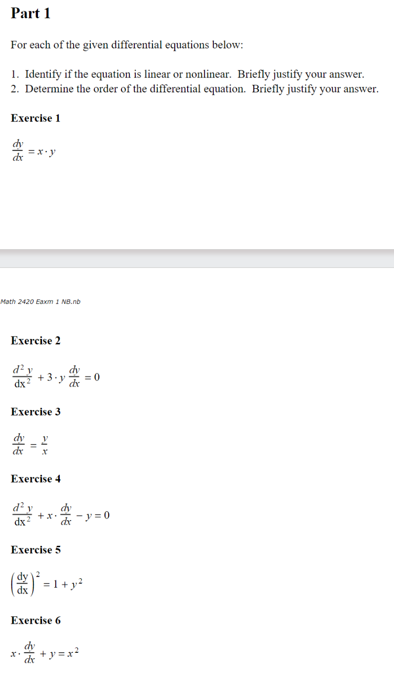 Solved Part 1For each of the given differential equations | Chegg.com