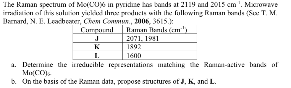 Solved The Raman spectrum of Mo(CO)6 in pyridine has bands | Chegg.com