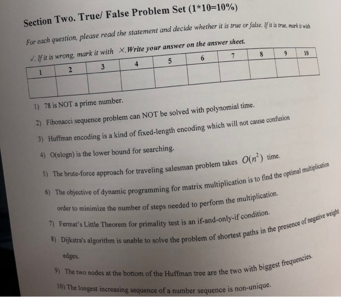 Solved Section Two. True/ False Problem Set (1*10-10%) For | Chegg.com