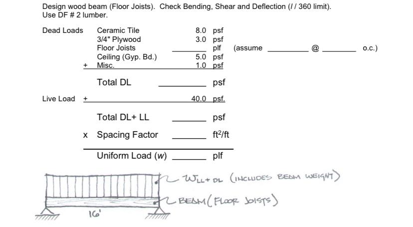 Design wood beam (Floor Joists). Check Bending, Shear | Chegg.com